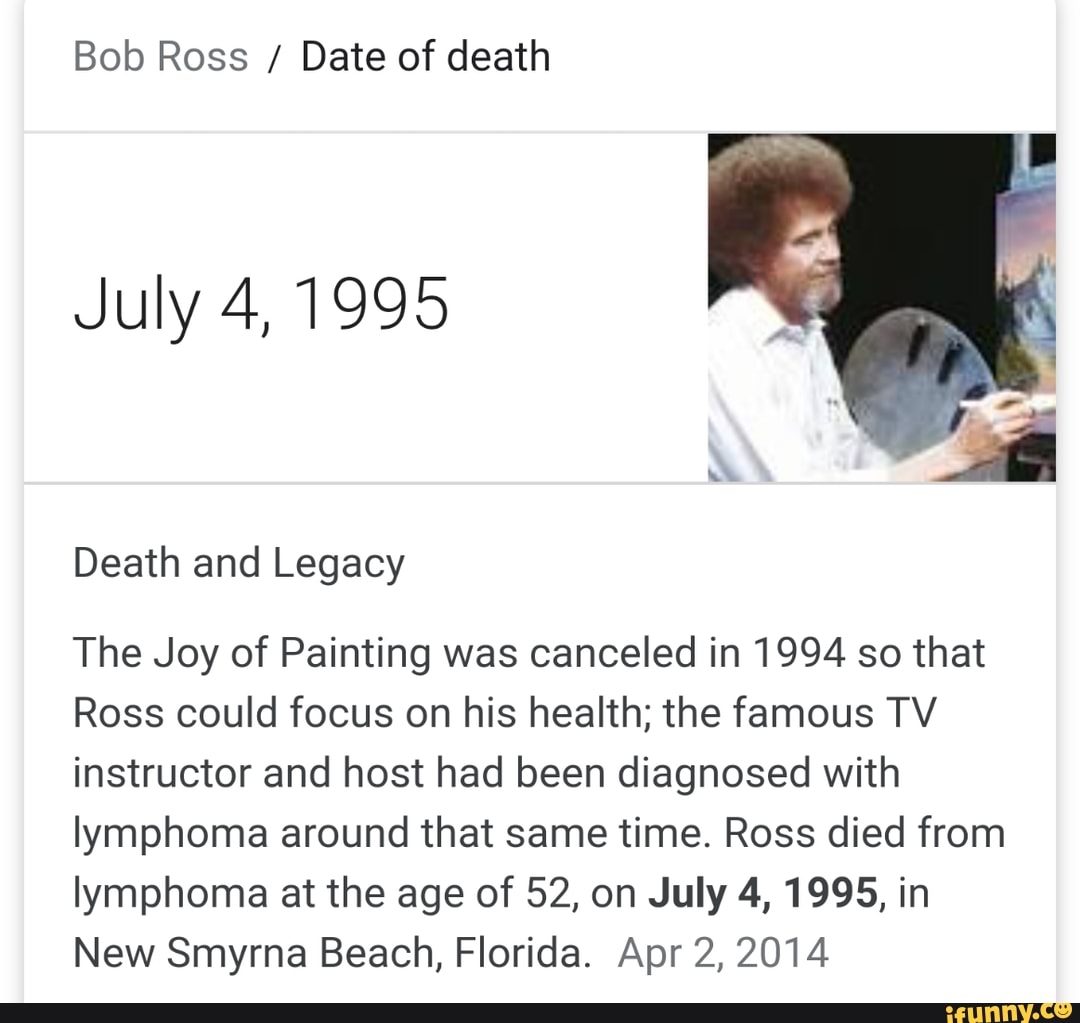 Bob Ross / Date of death July4,1995 The Joy of Painting was canceled in ...