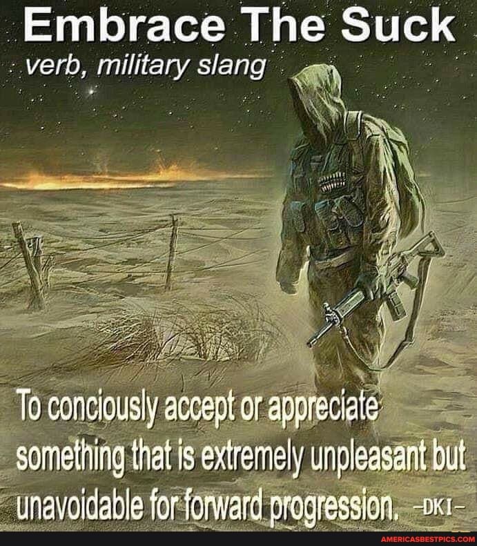 Embrace verb, military The Suck verb, military slang To conciously ...