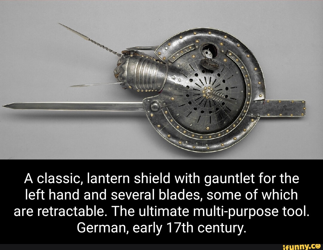 A classic, lantern shield with gauntlet for the left hand and several ...