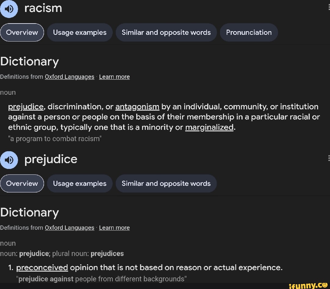 Overview Usage examples Similar and opposite words Pronunciation racism ...