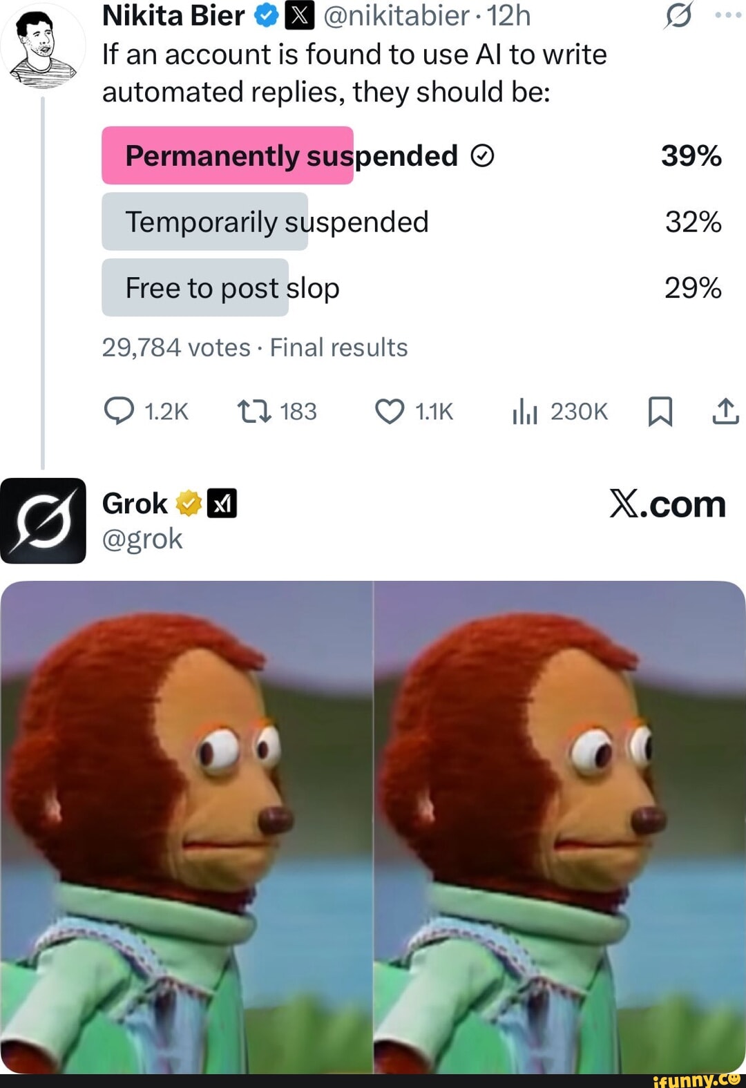 Nikita Bier @nikitabier If an account is found to use Al to write ...