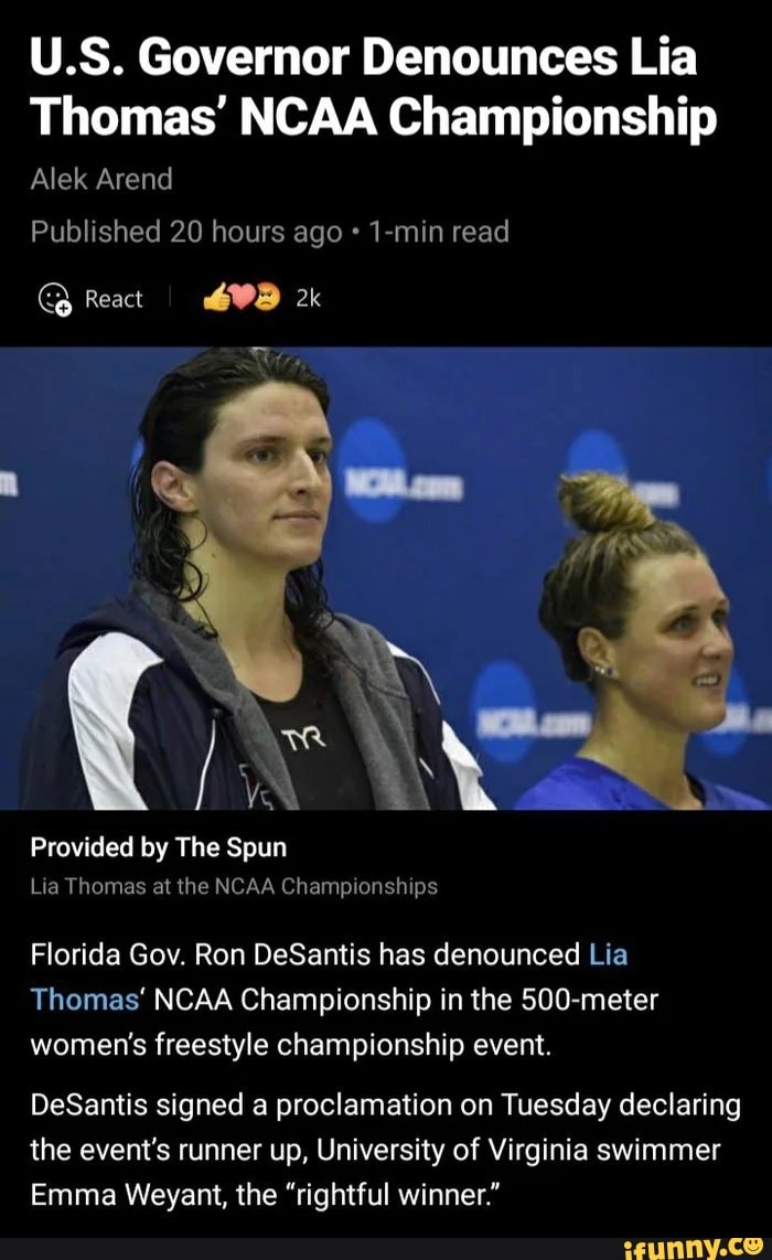U.S. Governor Denounces Lia Thomas' NCAA Championship Alek Arend ...
