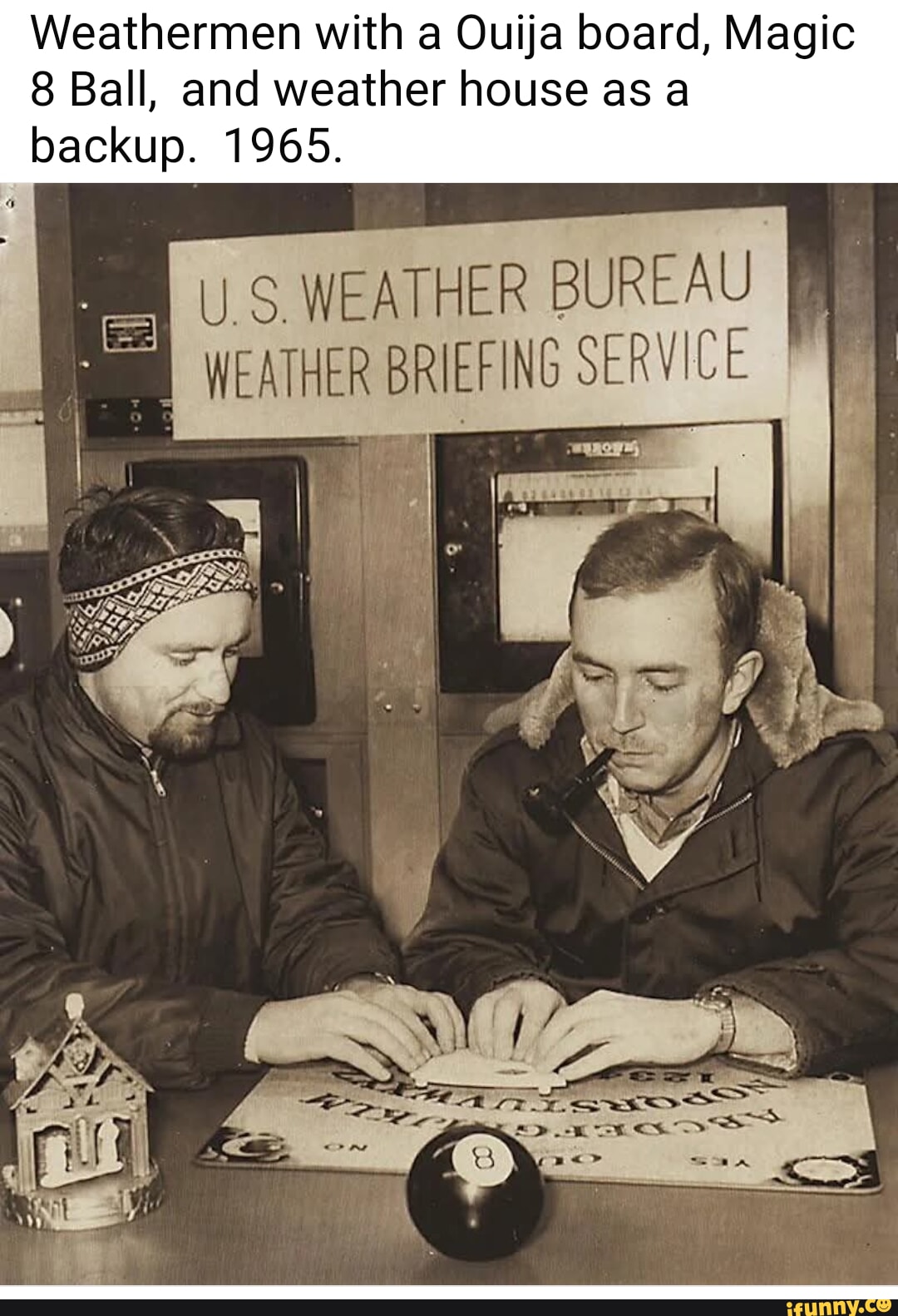 Weathermen with Ouija board, Magic 8 Ball, and weather house as a ...