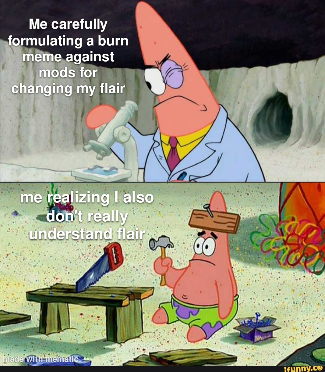 Me carefully formulating a burn meme against mods for changing my flair ...