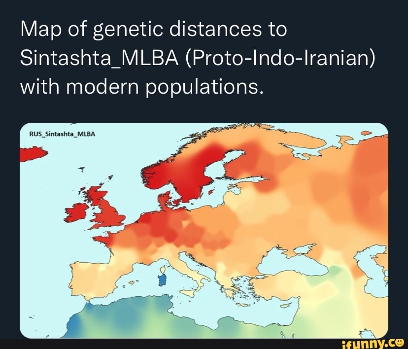 Map of genetic distances to Sintashta_MLBA (Proto-Indo-lranian) with modern populations. RUS ...