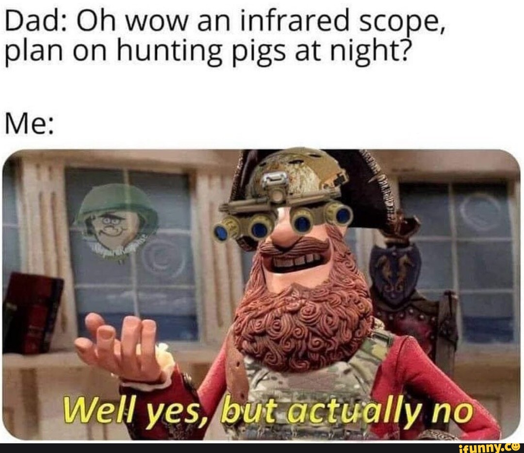 Dad: Oh wow an infrared scope, plan on hunting pigs at night? Me: Well ...
