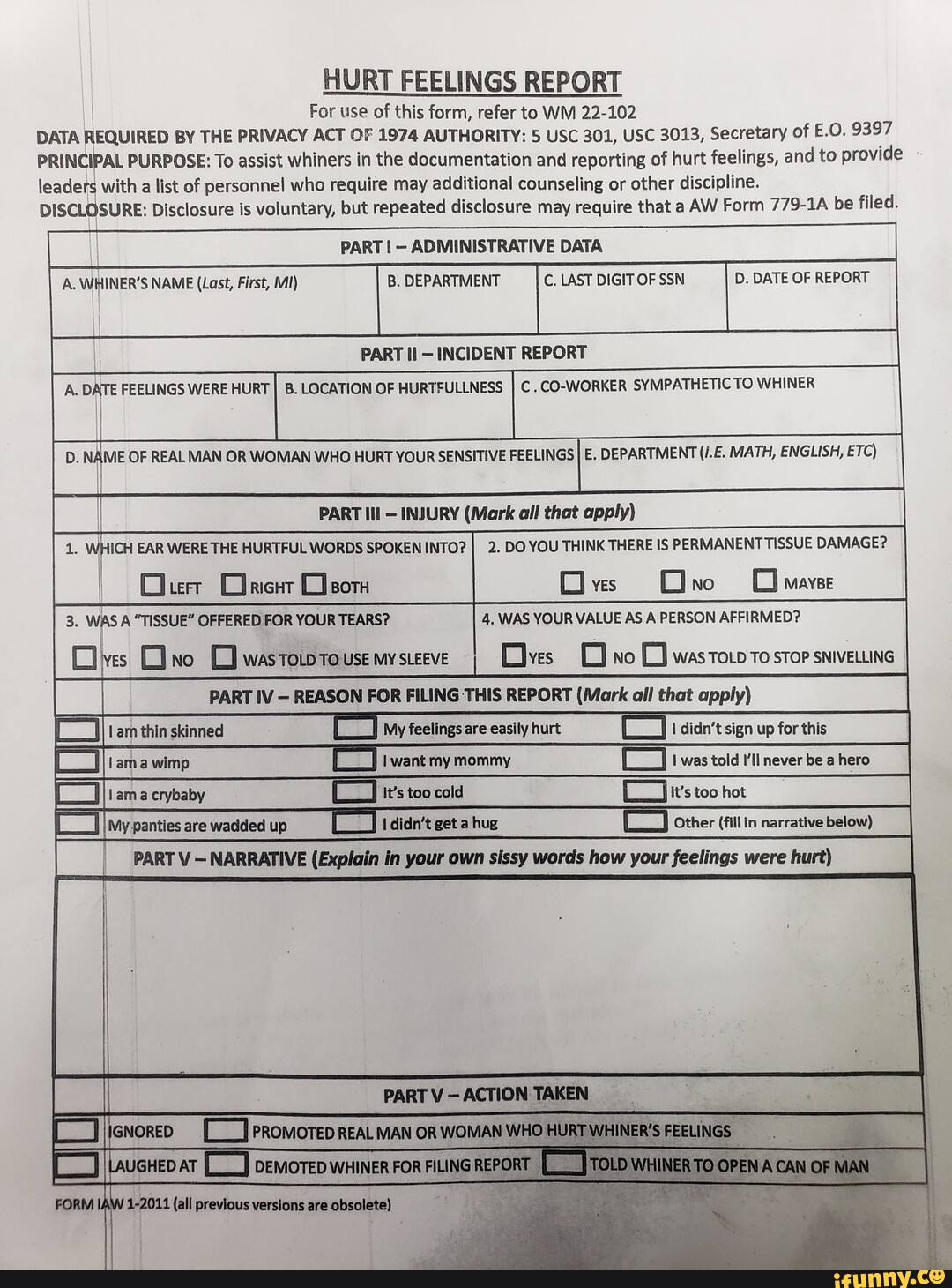 HURT FEELINGS REPORT For use of this form, refer to WM 22-102 DATA ...