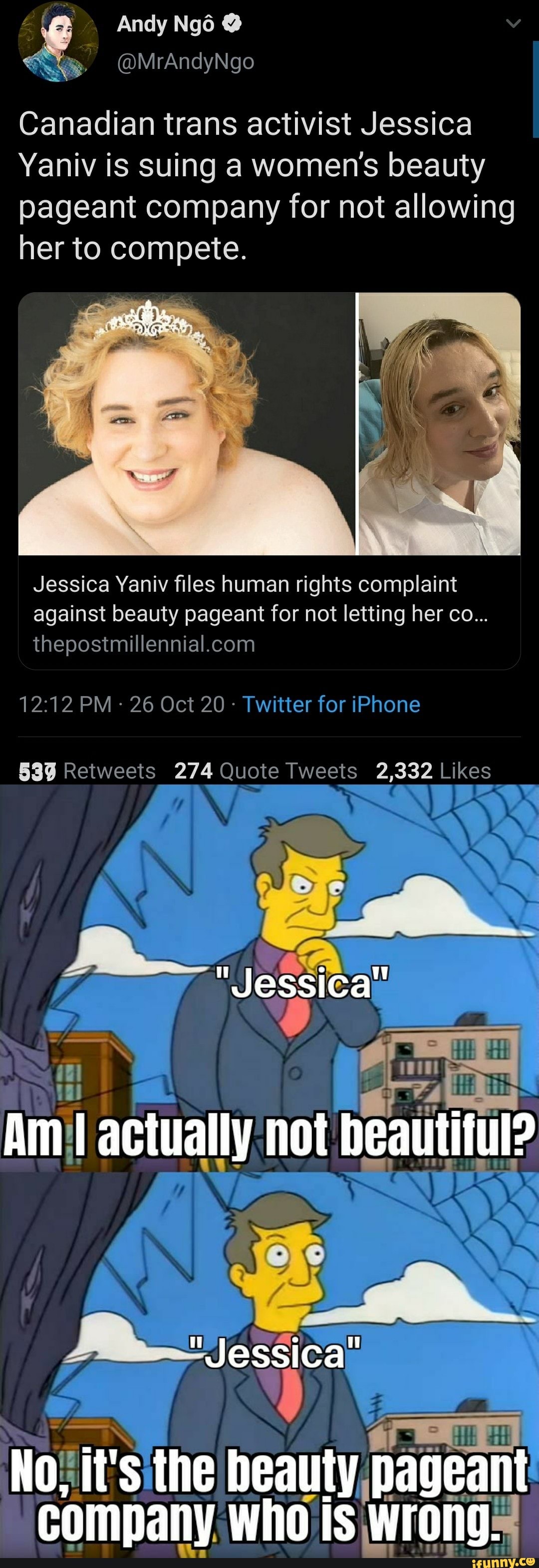 Canadian trans activist Jessica Yaniv is suing a women's beauty pageant ...