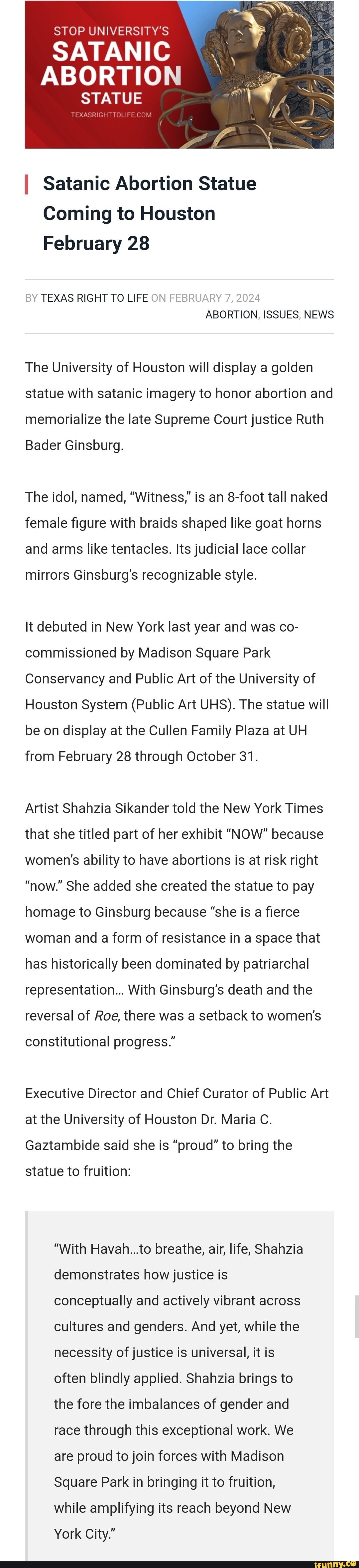 STOP UNIVERSITY'S SATANIC ABORTION STATUE I Satanic Abortion Statue ...