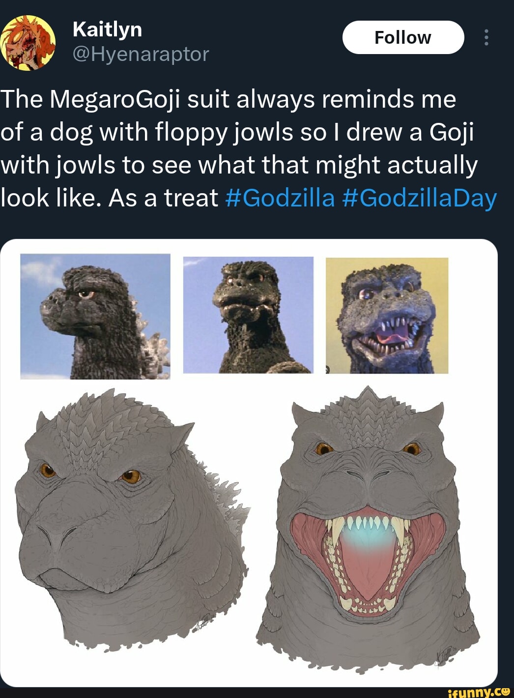 Kaitlyn @Hyenaraptor Follow The MegaroGoji suit always reminds me of a ...