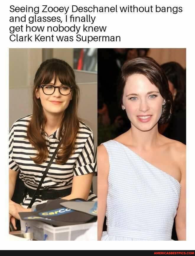 Seeing Zooey Deschanel without bangs and glasses, I finally get how ...