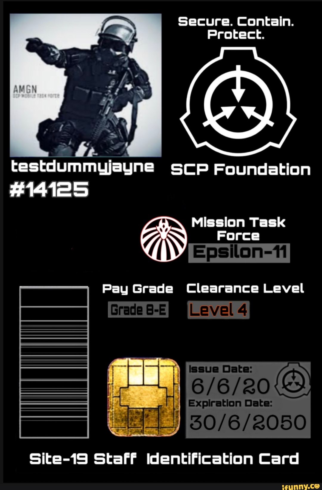 Testdummyjayne SCP Foundation AS Force Pay Grade Clearance Level Site ...