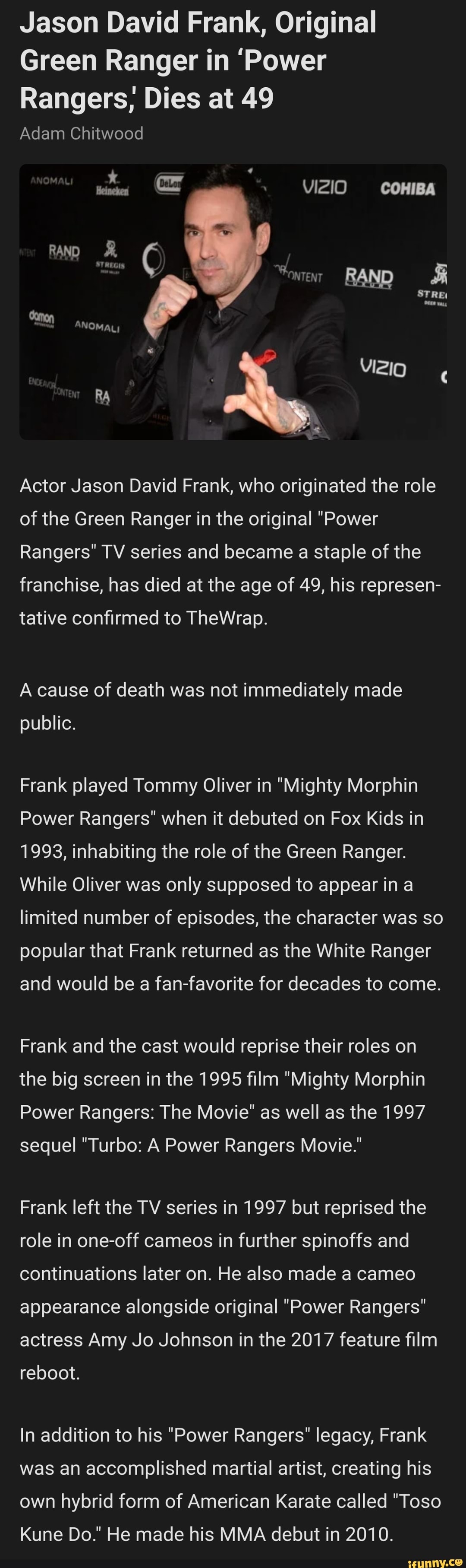 Jason David Frank, Original Green Ranger in 'Power Rangers, Dies at 49 ...