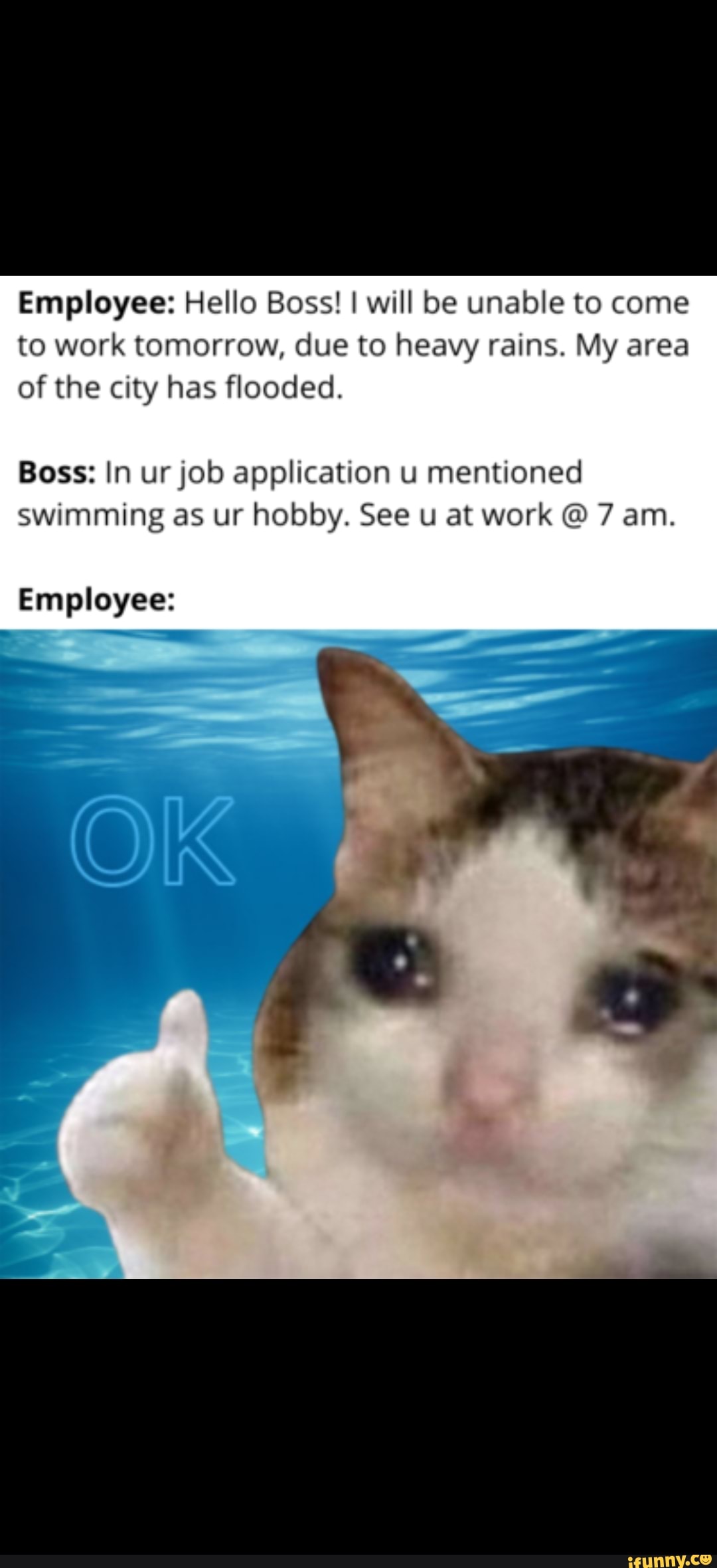 Employee: Hello Boss! I will be unable to come to work tomorrow, due to ...