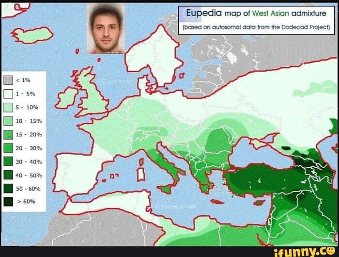 Eupedia map of West Asian admixture (based on aulosomal data from the ...