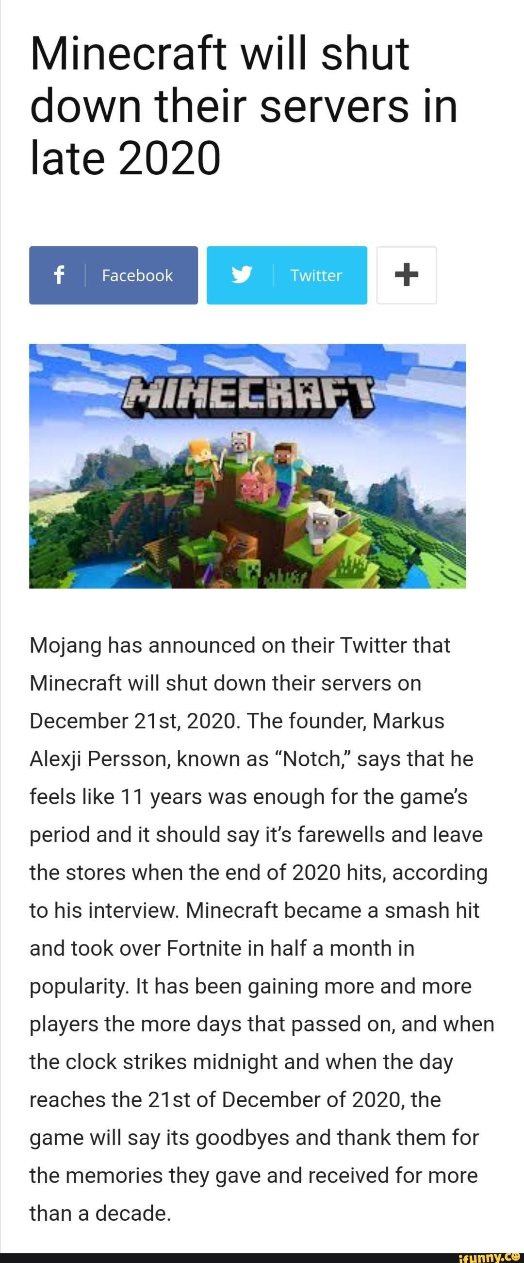 Minecraft will shut down their servers in late 2020 Mojang has ...