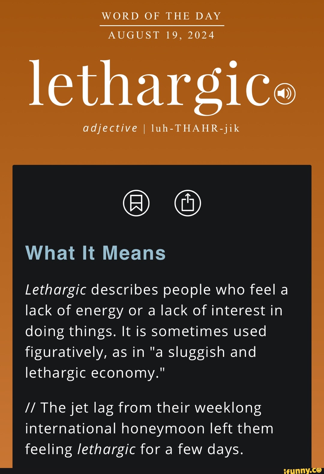 WORD OF THE DAY AUGUST 19, 2024 lethargice adjective I luh-THAIIR-jik ...