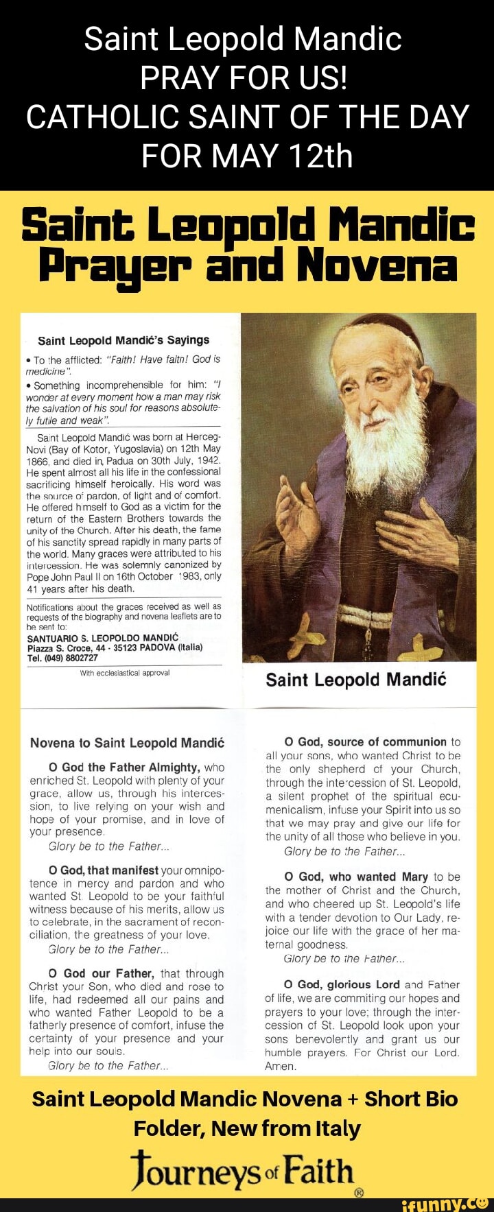 Saint Leopold Mandic PRAY FOR US! CATHOLIC SAINT OF THE DAY FOR MAY ...