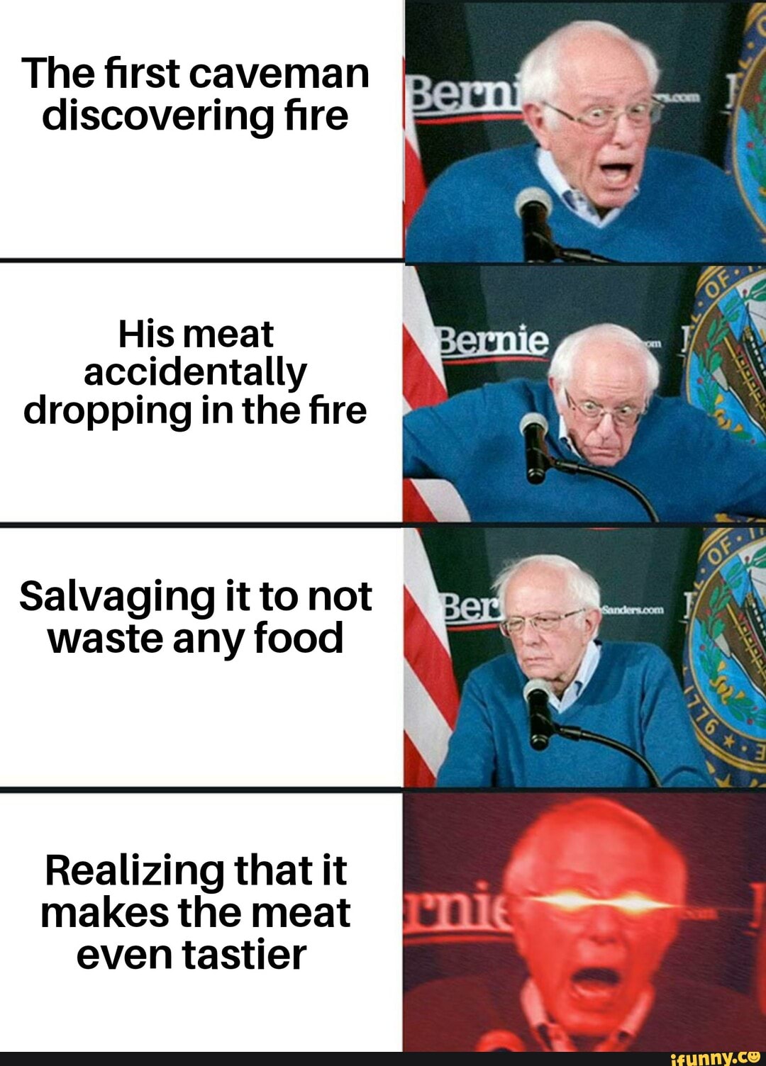 The first caveman discovering fire His meat accidentally dropping in ...