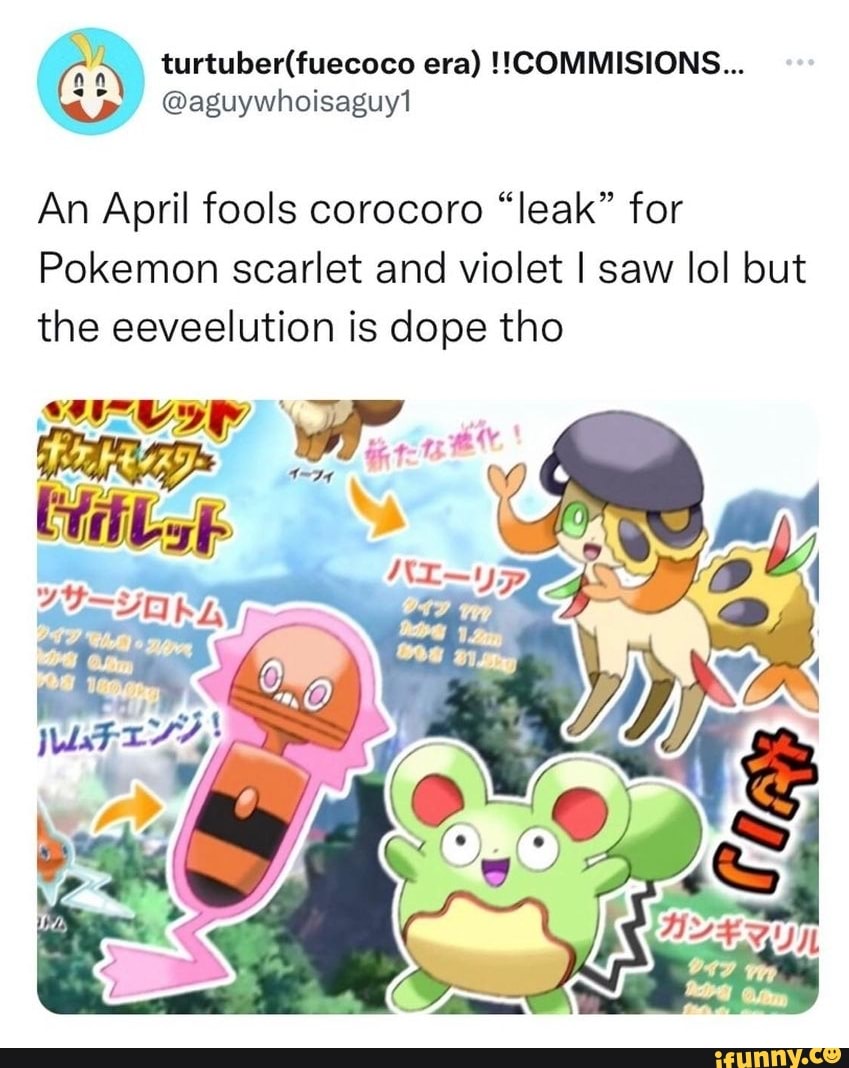 An April fools corocoro "leak" for Pokemon scarlet and violet I saw lol ...