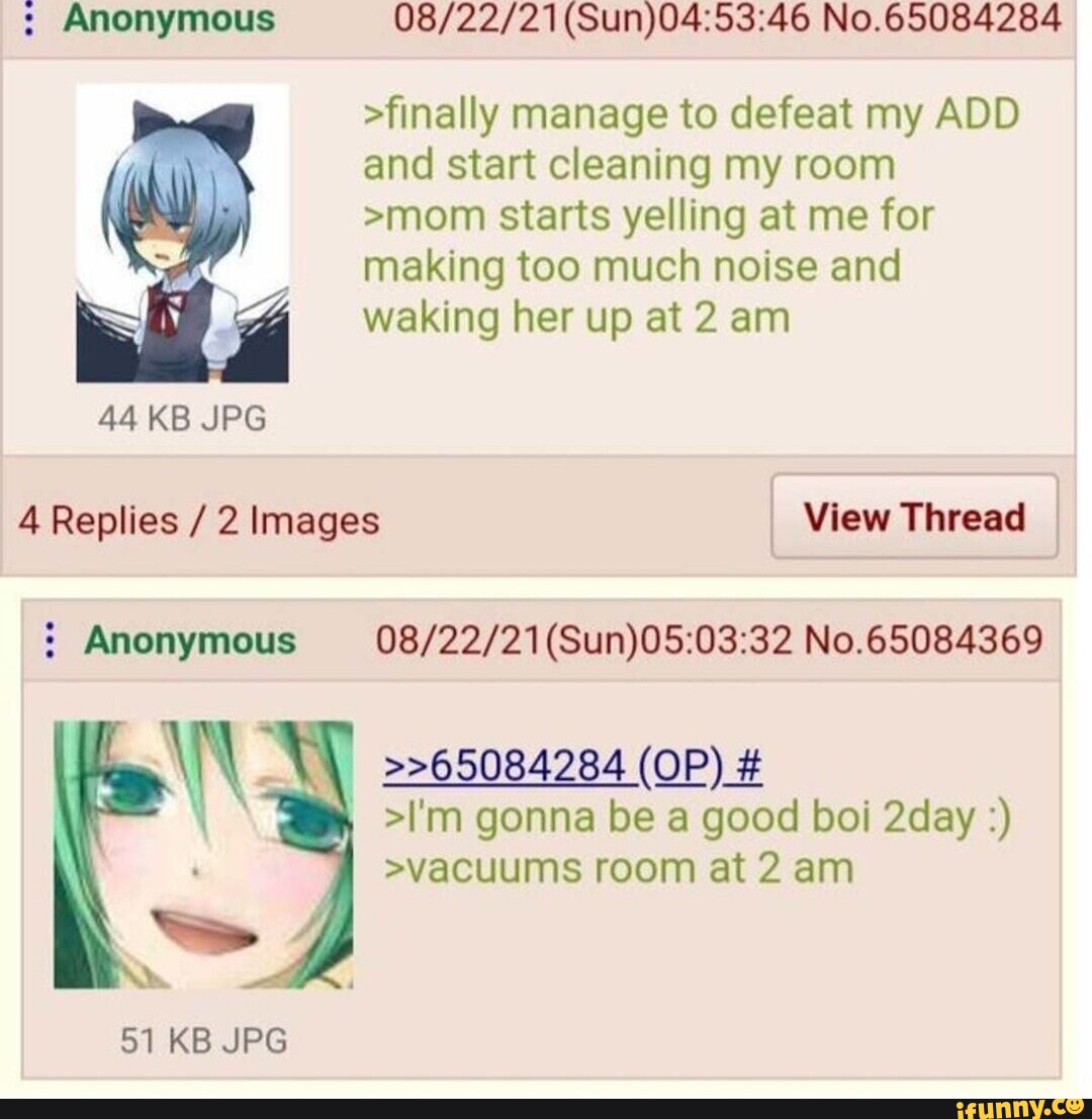 Anonymous No.65084284 >finally manage to defeat my ADD and start cleaning my room >mom starts ...