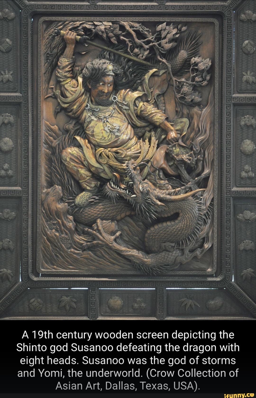 A 19th century wooden screen depicting the Shinto god Susanoo defeating ...