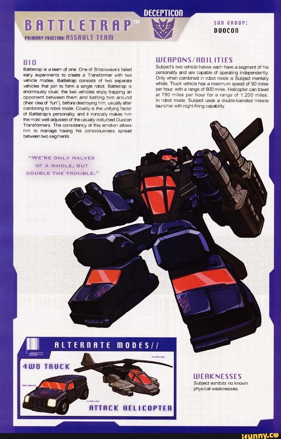 BATTLETRAP Primary Funcrion: ASSAULT TEAM BIO Battletran is a team of ...