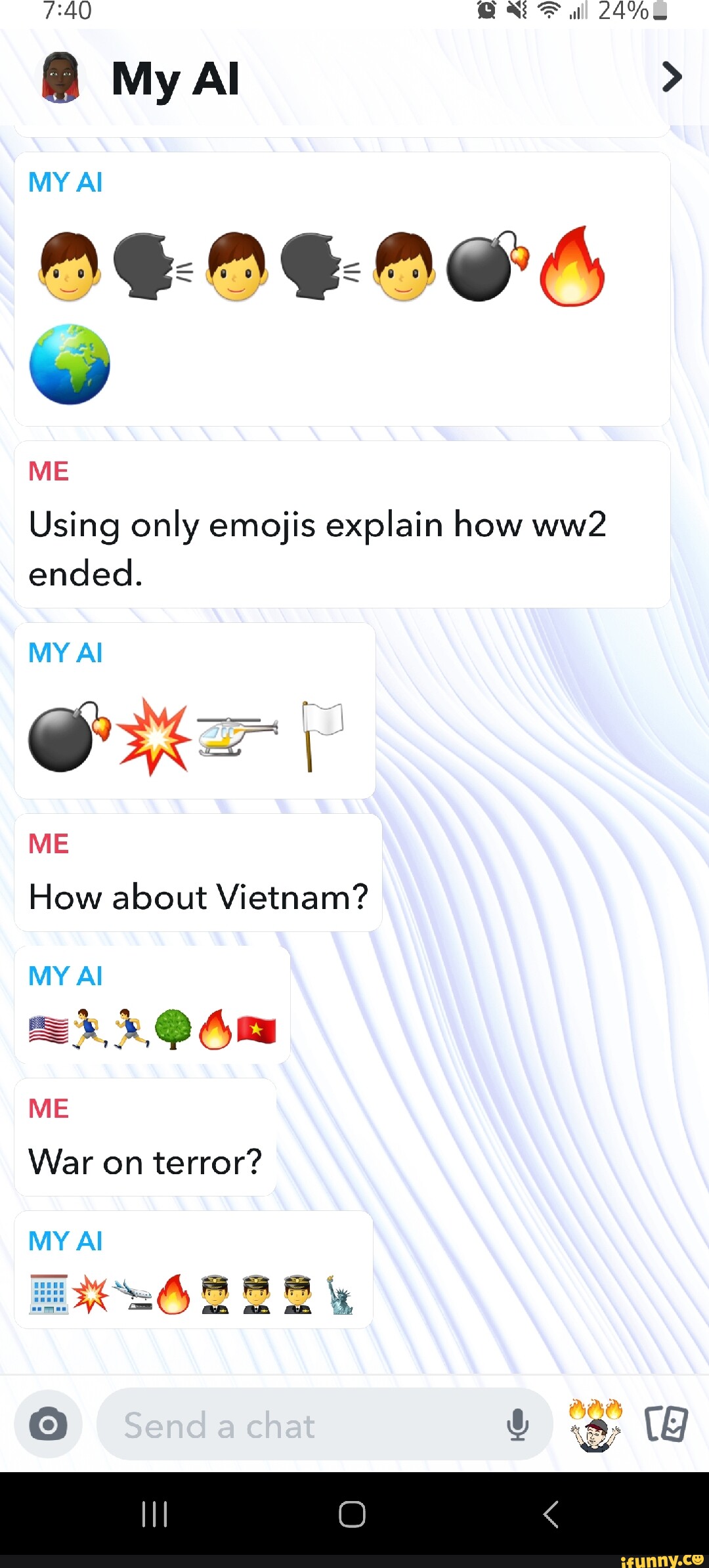 All 24%. @ My Al > MY Al Using only emojis explain how ended. ME MY Al ...