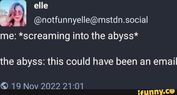 Me: *screaming into the abyss* the abyss: this could have been an email ...