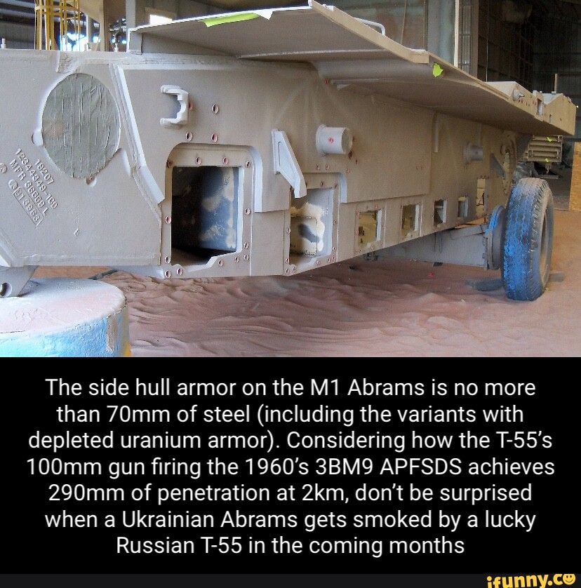 The side hull armor on the Abrams is no more than 70mm of steel ...