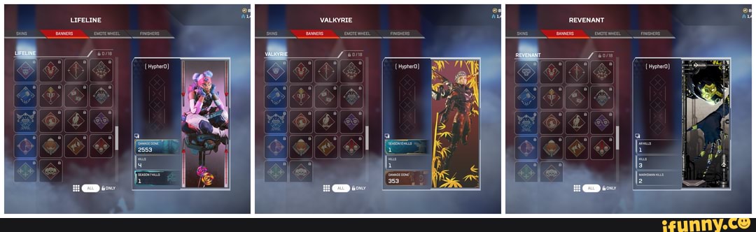 LIFELINE VALKYRIE REVENANT SKINS BANNERS EMOTE WHEEL FINISHERS SKINS ...