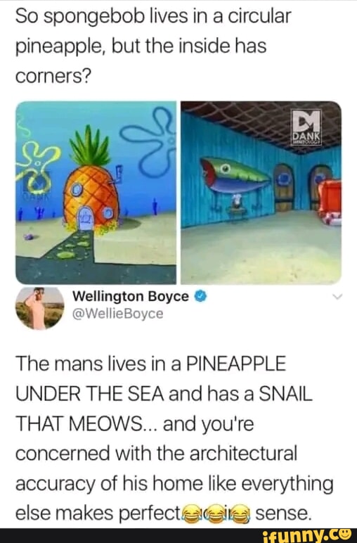 So spongebob lives in a circular pineapple, but the inside has corners ...