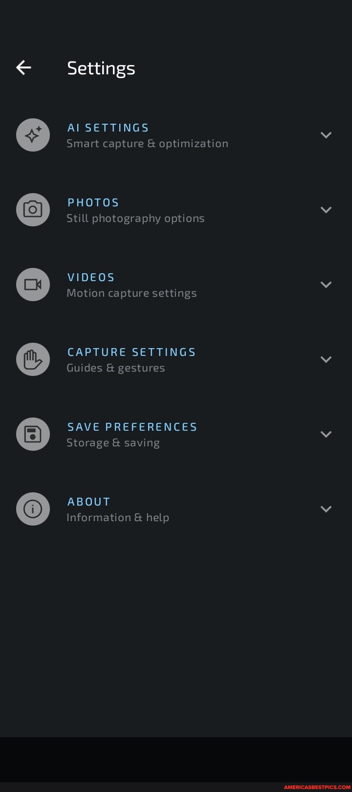Settings Al SETTINGS Smart capture & optimization PHOTOS Still photography options VIDEOS Motion ...