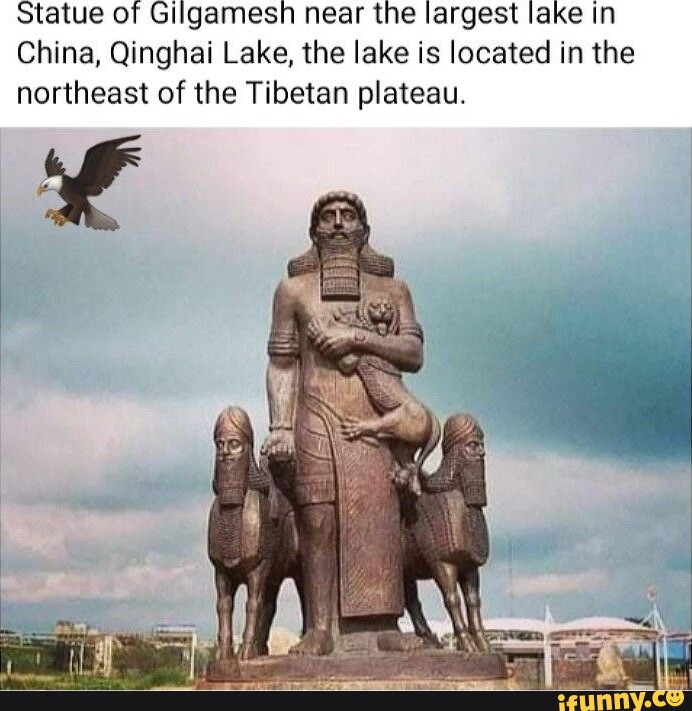 Statue of Gilgamesh near the largest lake in China, Qinghai Lake, the ...