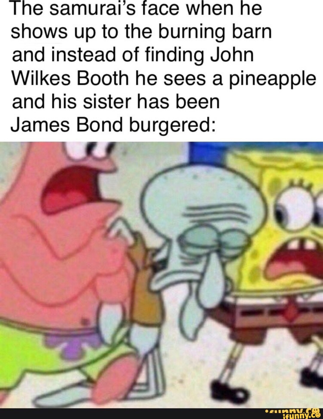 The samurais face when he shows up to the burning barn and instead of ...