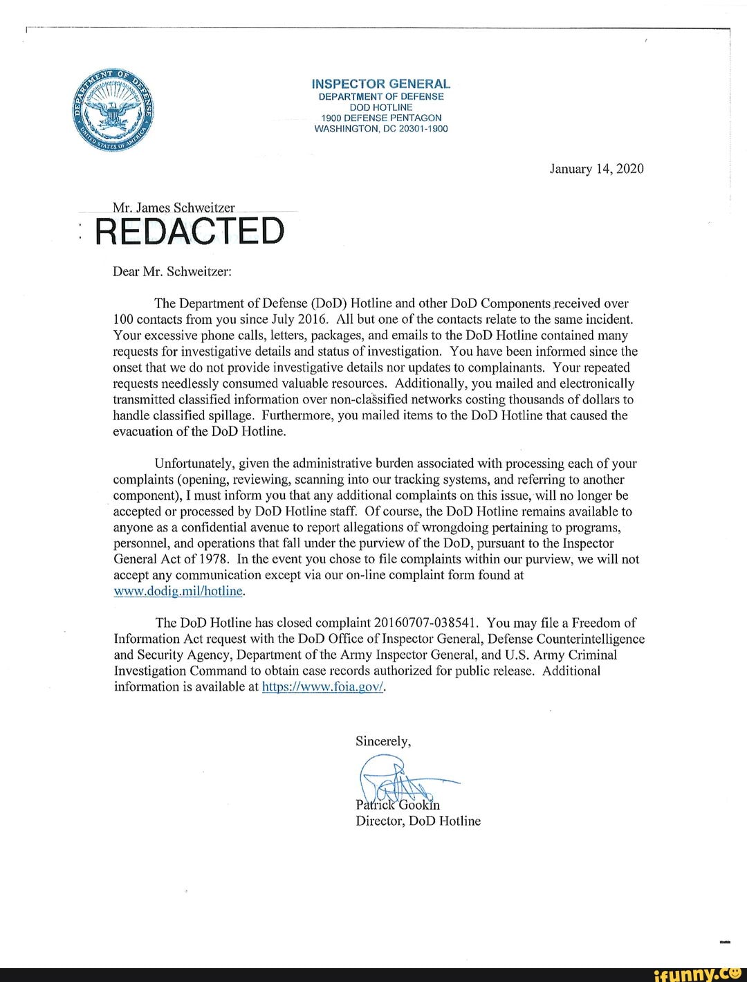 Dear Mr. Schweitzer: The Department of Defense (DoD) Hotline and other ...