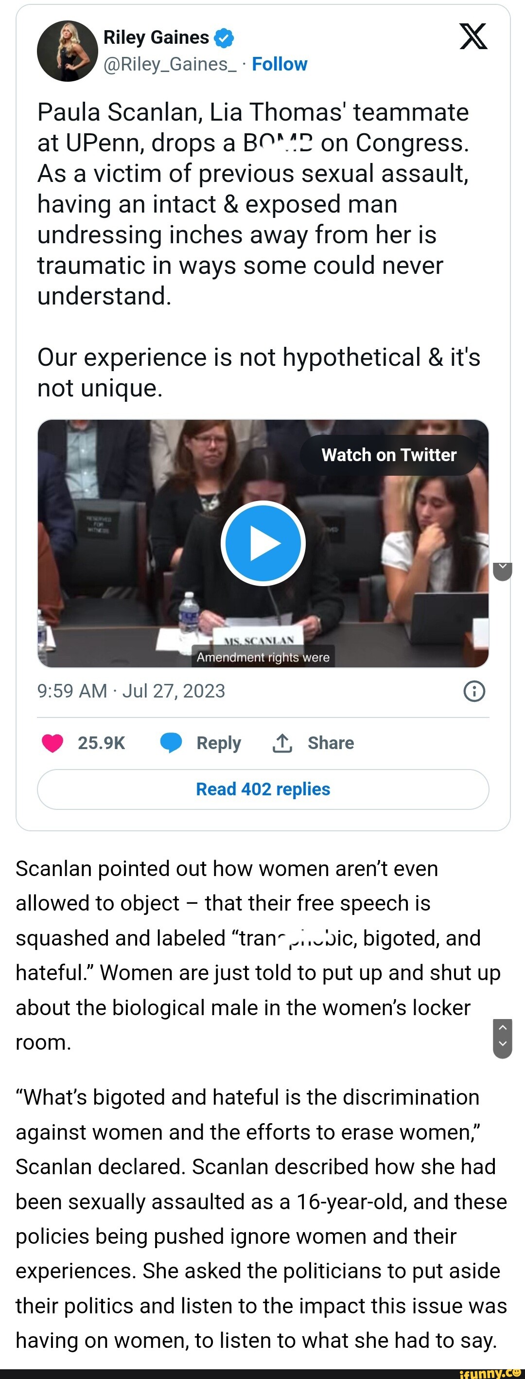 Paula Scanlan, Lia Thomas' teammate at UPenn, drops a on Congress. As a ...