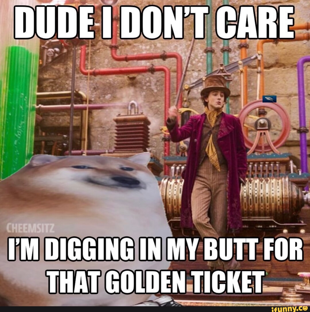 DUDE I DON'T CARE DIGGING IN MY BUTT FOR THAT GOLDEN TICKET - iFunny