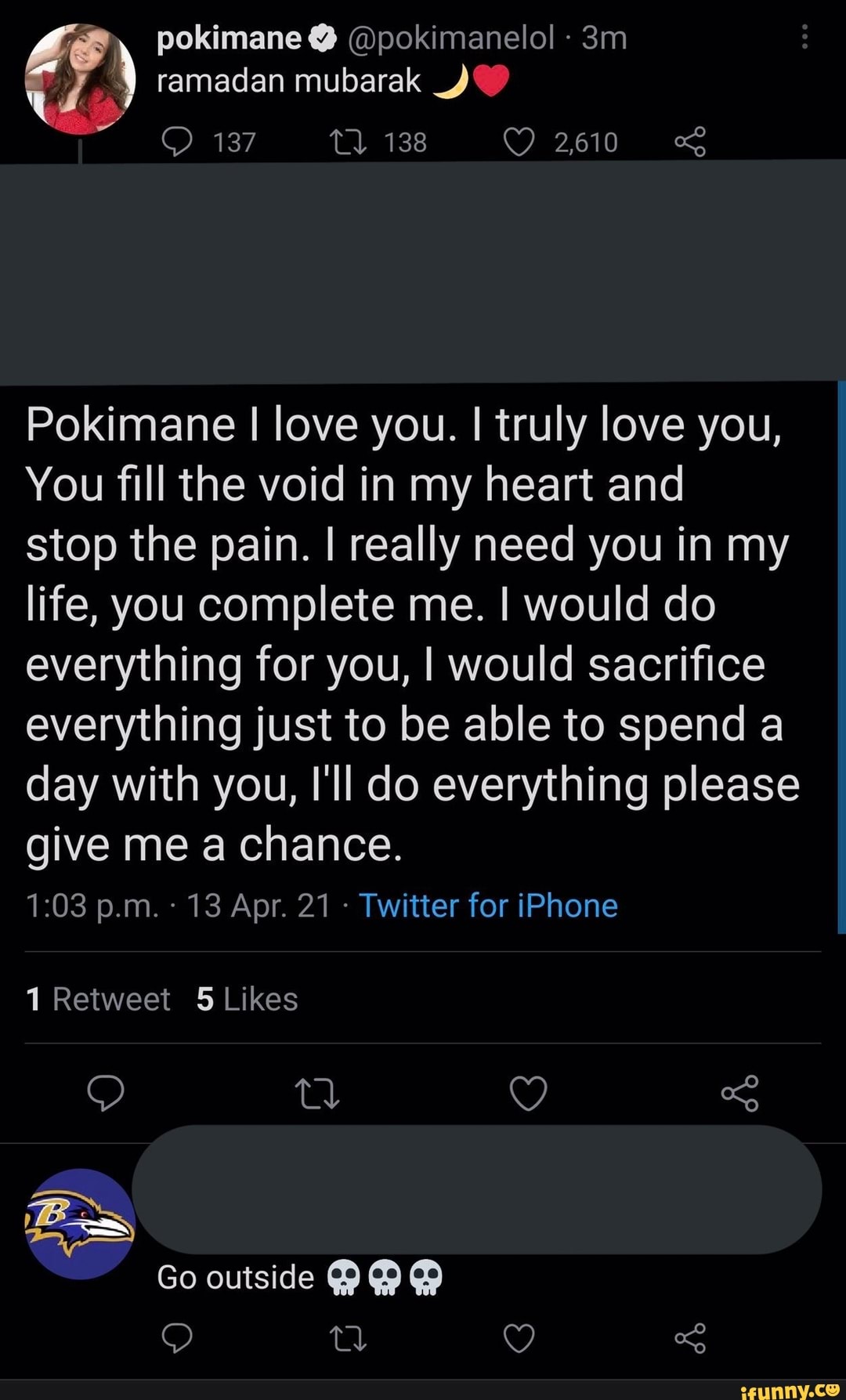 Pokimane @ @pokimanelol - ramadan mubarak 138 2.610 Pokimane I love you ...