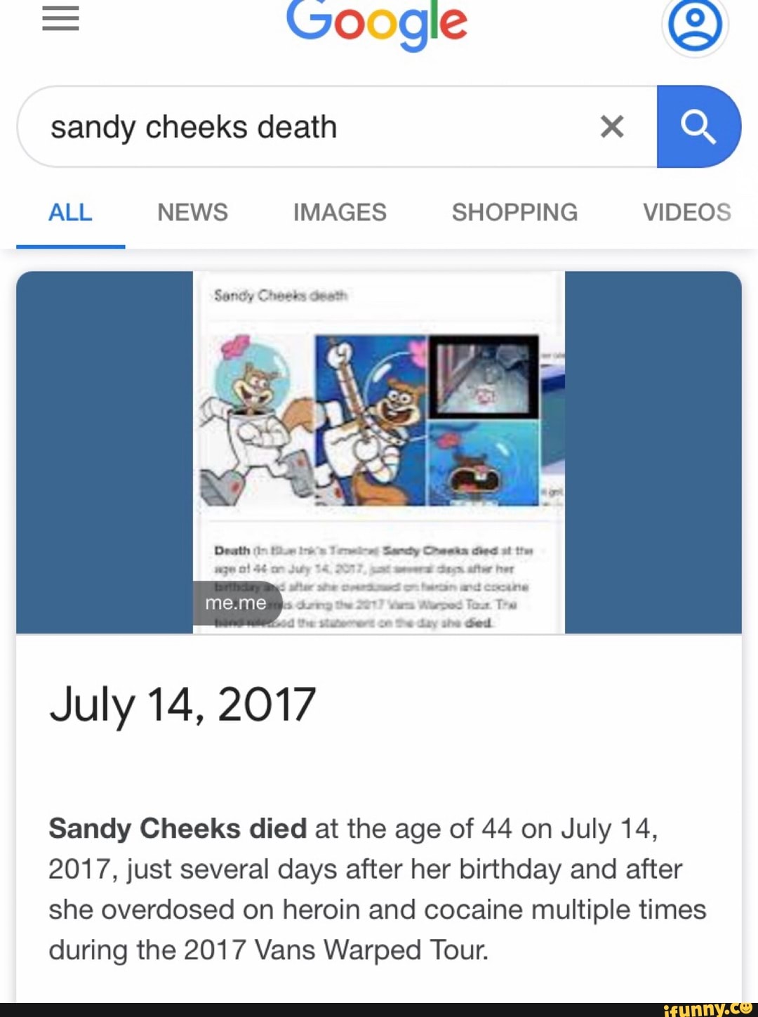 Sandy cheeks death x July 14, 2017 Sandy Cheeks died at the age of 44 ...