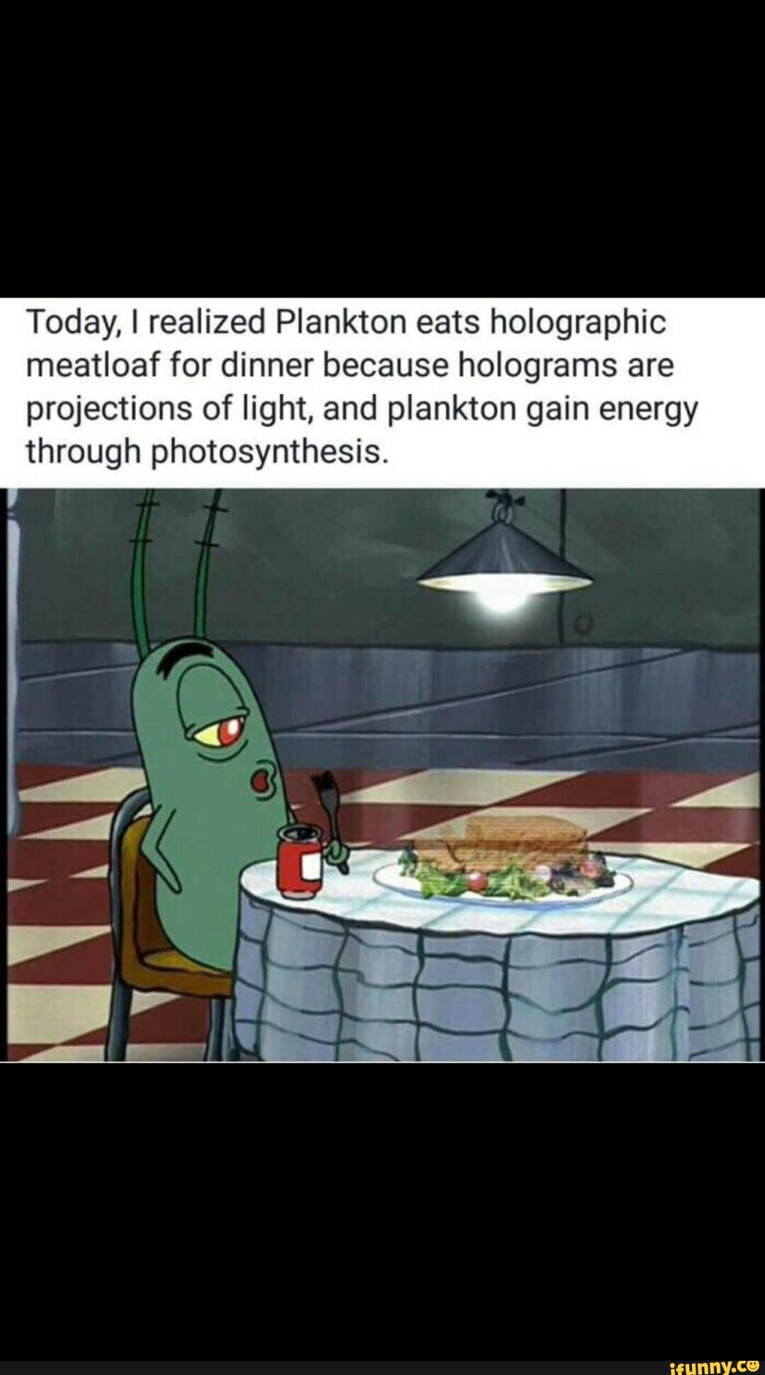 Today, ! realized Plankton eats holographic meatloaf for dinner because ...
