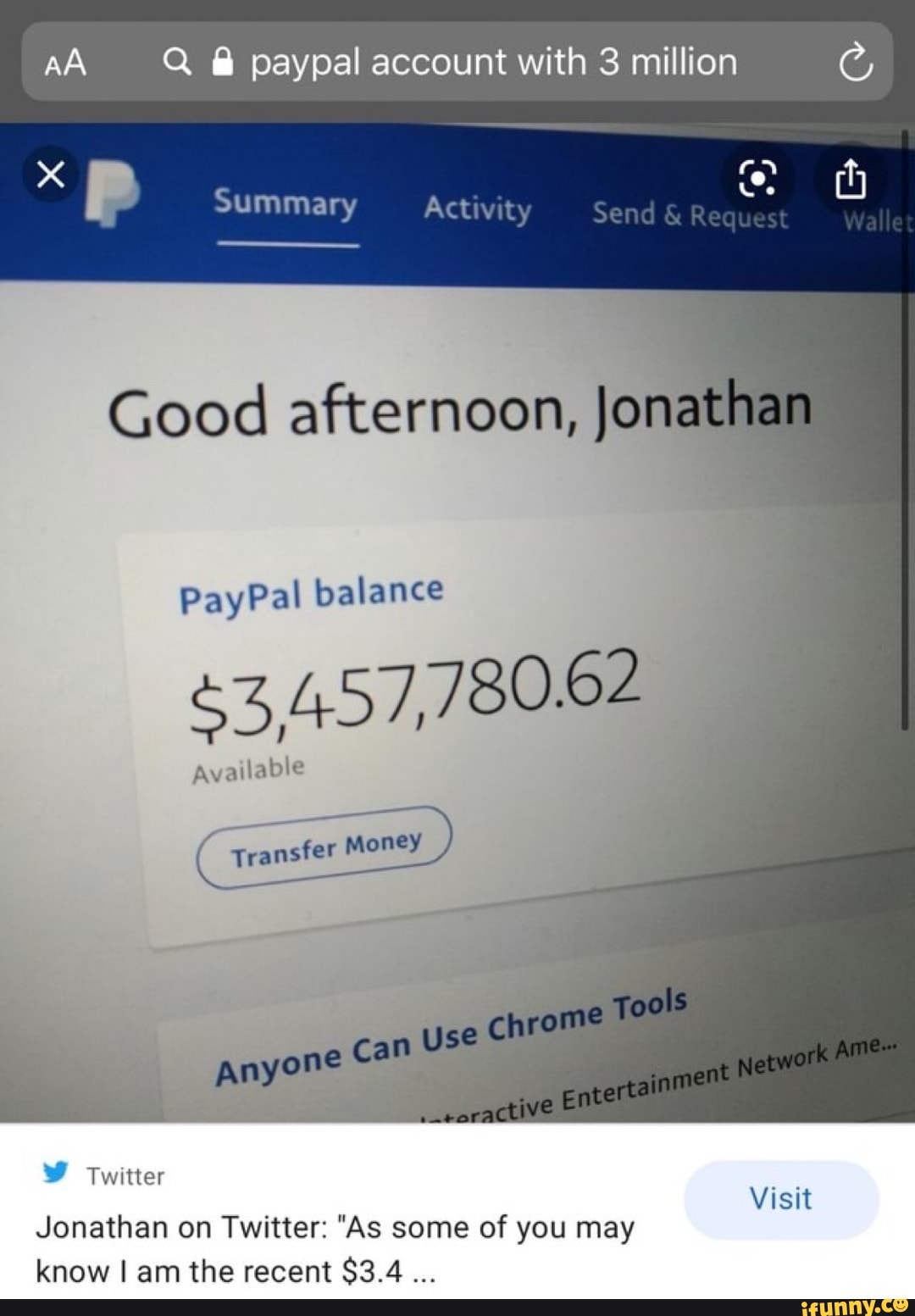 AA Q paypal account with 3 million Summary Good afternoon, Jonathan ...