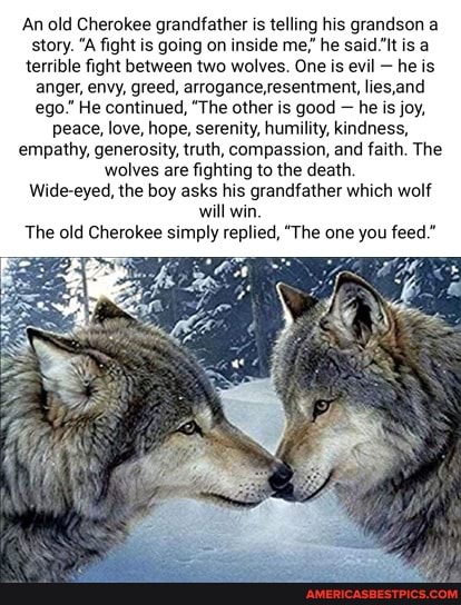 'An old Cherokee grandfather is telling his grandson a story. "A fight ...