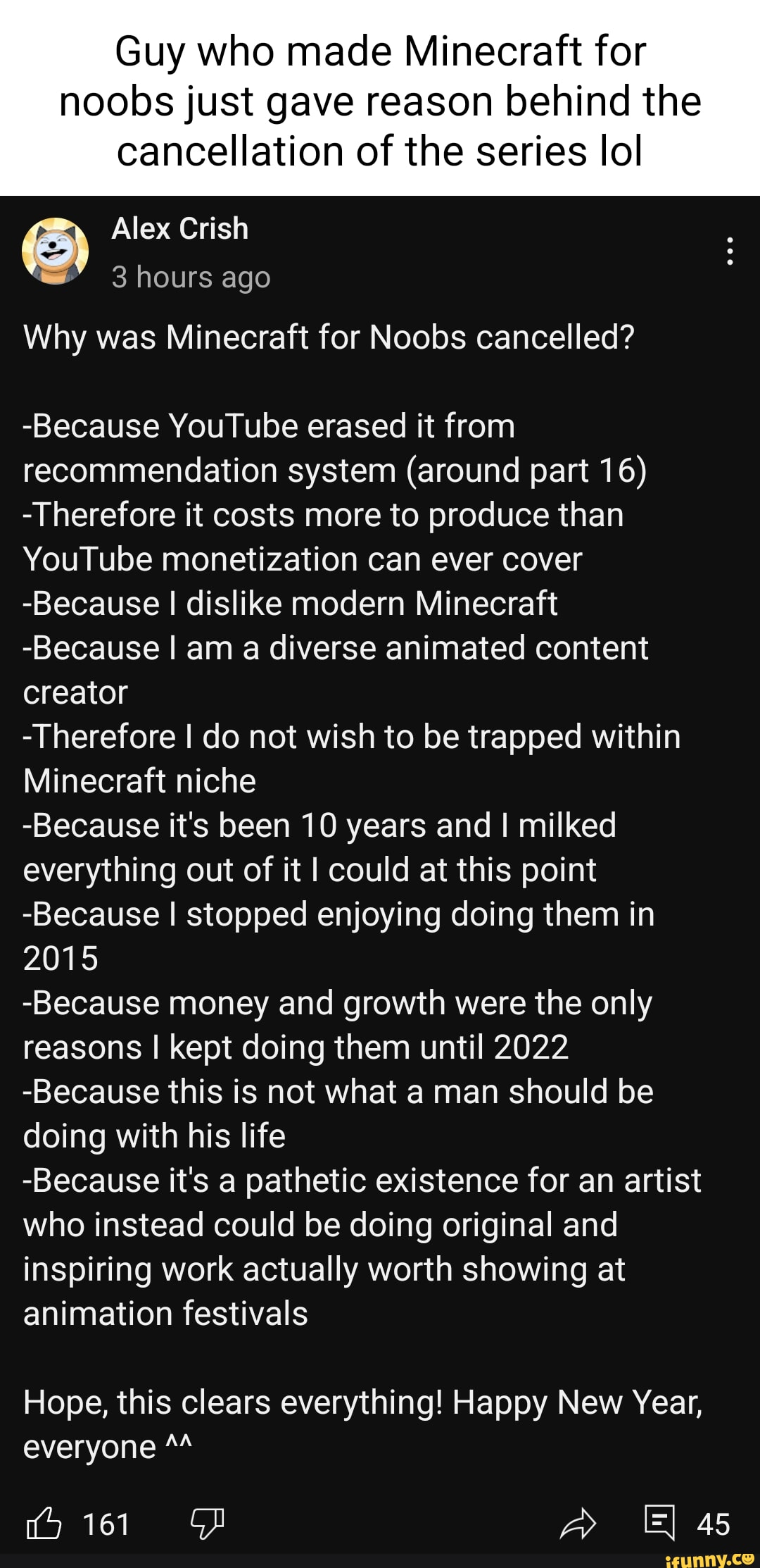 Guy who made Minecraft for noobs just gave reason behind the ...