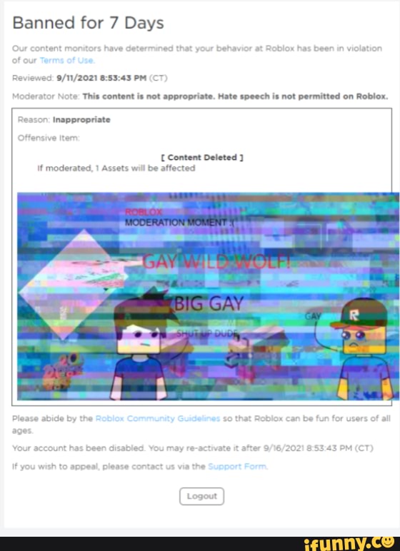 ROBLOX Banned me for hate speech - Banned for 7 Days of Reviewed: PM ...