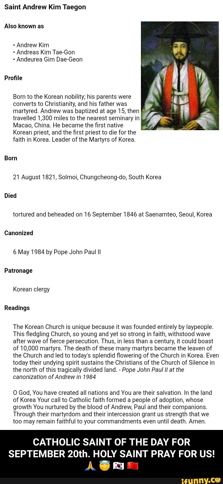 Saint Andrew Kim Taegon Also known as Andrew Kim Andreas Kim Tae-Gon ...