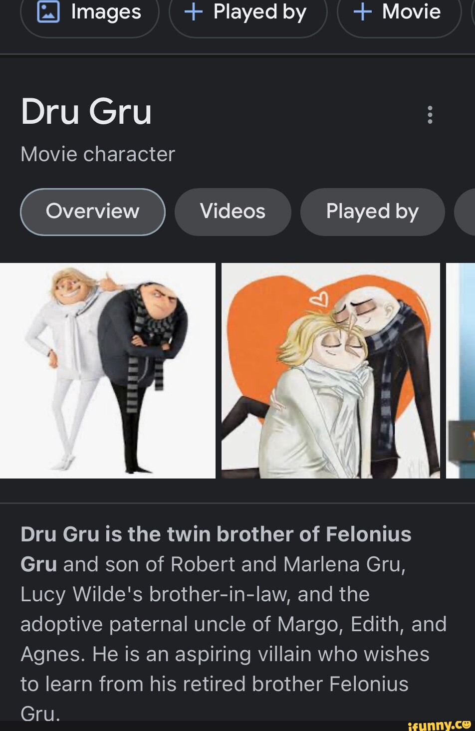 Images + Played by + Movie Dru Gru Movie character Videos Played by Dru ...