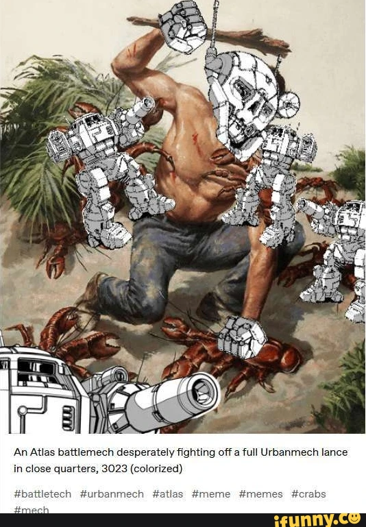An Atlas battlemech desperately fighting off a full Urbanmech lance in ...