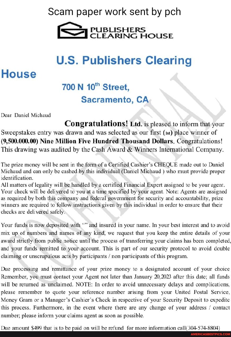 Scam paper work sent by pch PUBLISHERS CLEARING HOUSE U.S. Publishers ...