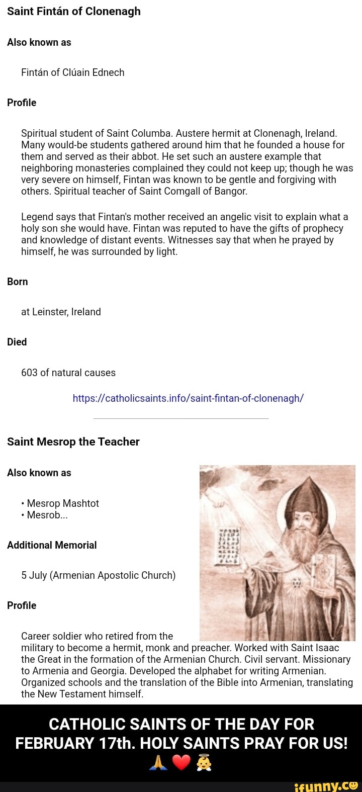 Saint Fintan of Clonenagh Also known as Fintan of Cluain Ednech Profile ...